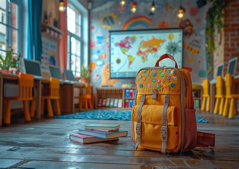 Modern School Classroom With A Brightly Colored Backpack Of A Schoolboy