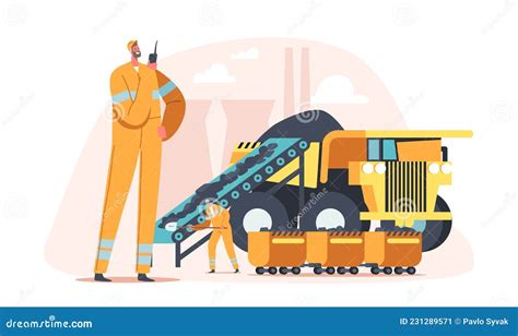 Coal Mining Extraction Industry Concept Miner Character Loading Coal In Truck Stock Vector