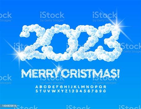 벡터 크리에이티브 인사말 카드 메리 크리스마스 2023 클라우드 스타일 알파벳 문자 및 숫자 세트 12월에 대한 스톡 벡터 아트