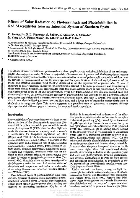 Pdf Effects Of Solar Radiation On Photosynthesis And Photoinhibition In Red Macrophytes From