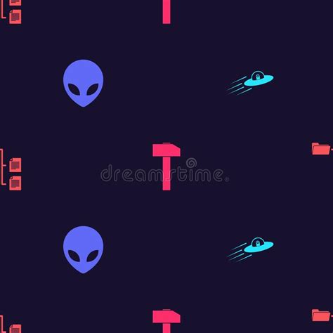 set ufo flying spaceship and alien alien hammer and folder tree on