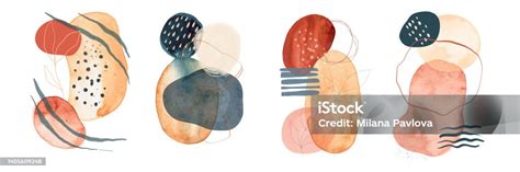 추상적 인 예술 배경 세트 현대 수채화 얼룩과 페인트 모양 여러 가지 색의 낙서 질감이 있는 브러쉬 선 손으로 그렸다 엽서 초대장 표지 잡지 포스터 기하 도형에 대한 스톡