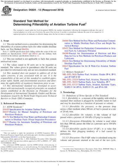 Astm D6824 13 2018 Standard Test Method For Determining Filterability Of Aviation Turbine Fuel