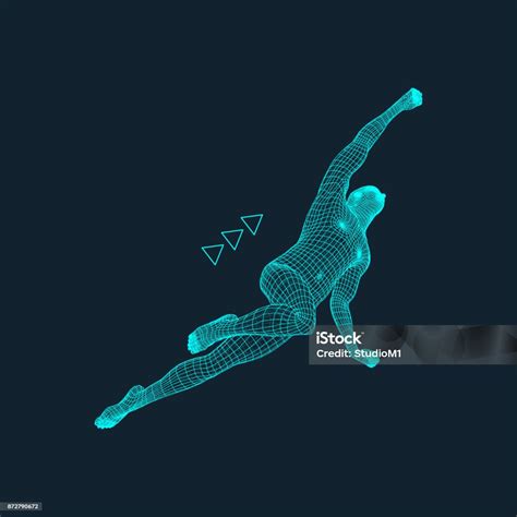 점프 맨 다각형 디자인입니다 남자 기하학적 디자인의 3d 모델입니다 사업 과학 및 기술 벡터 일러스트 레이 션입니다 3d 다각형 덮 음 피부입니다 인간의 다각형 몸입니다