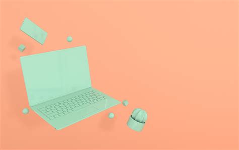 노트북 스마트 폰 및 다른 기하학적 개체 는 현대적인 최소한의 스타일의 배경 모형 노트북 선인장 3d 파스텔 색상의 렌더링 기술 가젯 개념 노트북에 대한 스톡 사진 및 기타