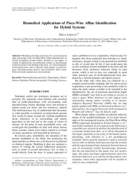 Pdf Biomedical Applications Of Piece Wise Affine Identification For Hybrid Systems