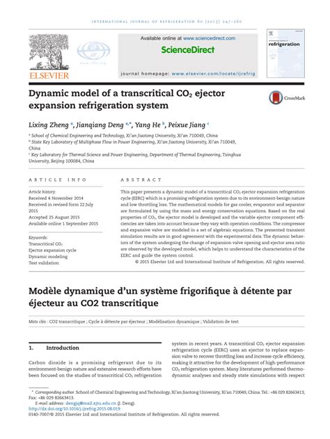 Pdf Dynamic Model Of A Transcritical Co2 Ejector Expansion Refrigeration System
