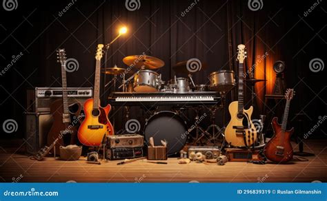 musical instruments on stage ready for the gig stock image image of