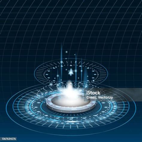 미래 포털 서클 과학 스카이 파이 디지털 광선과 빛 연단 프로젝터가있는 터널 Hud 메뉴 사용자 인터페이스 벡터 일러스트레이션 블랙 블루 배경 3차원 형태에 대한 스톡 벡터