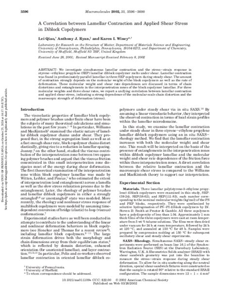 Pdf A Correlation Between Lamellar Contraction And Applied Shear Stress In Diblock Copolymers