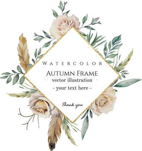 Rhombus Botanical Vector Design Golden Frame With Roses Watercolor