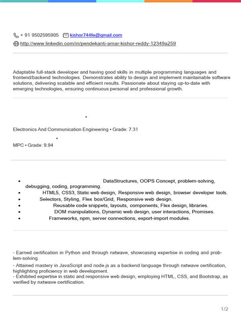 Full Stack Developer Profile Summary Pdf Web Design Java Script