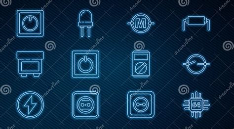 Set Line Processor With Microcircuits Cpu Electric Scheme Light Switch Fuse Multimeter And