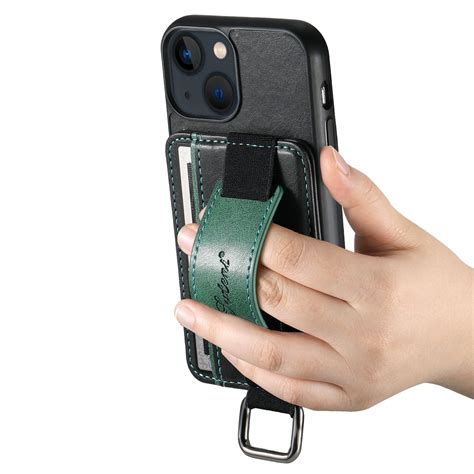 For Iphone 15 Plus Suteni H13 Card Wallet Wrist Strap Holder Pu Phone