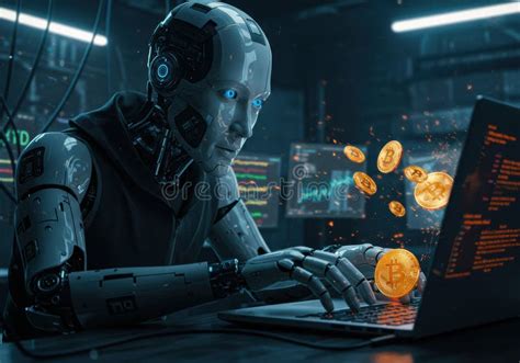 Futuristic Robot Analyzing Cryptocurrency Data With Bitcoin Graphics In High Tech Environment