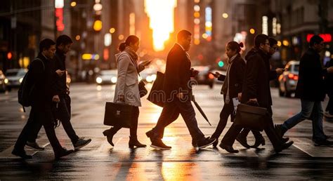 Candid Shot People Walking Across A Busy Street At Sunset Warm Lighting