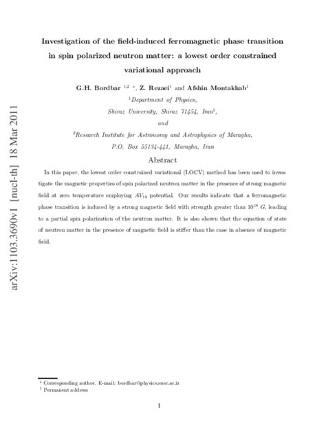 Pdf Investigation Of The Field Induced Ferromagnetic Phase Transition