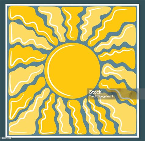 Square Groovy Retro Abstract Sun Background Organic Doodle Shapes In