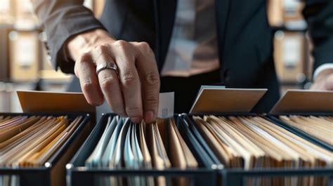 a man is reaching for a file in a stack of papers premium ai