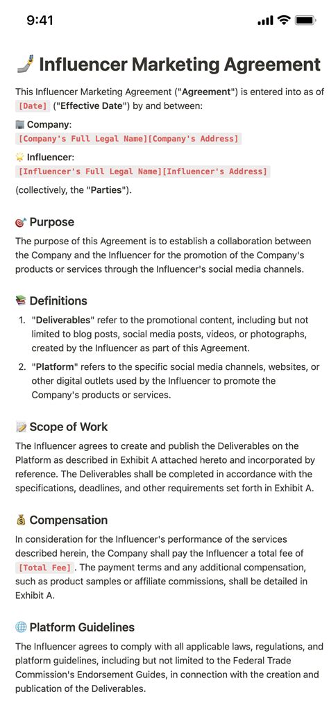 Notion Vorlagengalerie Influencer Marketing Agreement