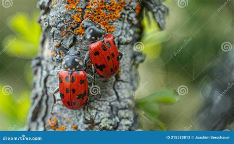 Red And Black Soldier Beetles Mating On Tree Trunk Wingless Pyrrhocoridae Beetles In Copulation