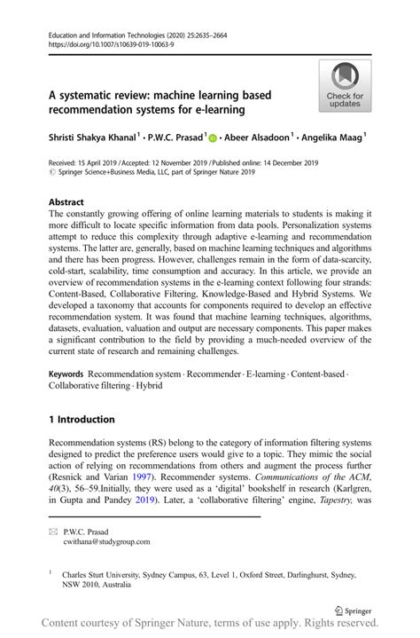 A Systematic Review Machine Learning Based Recommendation Systems For E Learning Request Pdf