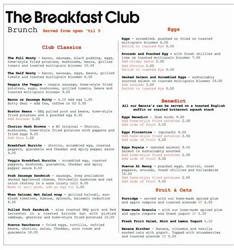 The Breakfast Club Menu Menu For The Breakfast Club Spitalfields