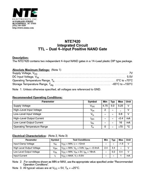 7420 Datasheet Pdf Dual 4 Input Positive Nand Gate Download Nte