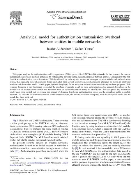 pdf analytical model for authentication transmission overhead between entities in mobile networks