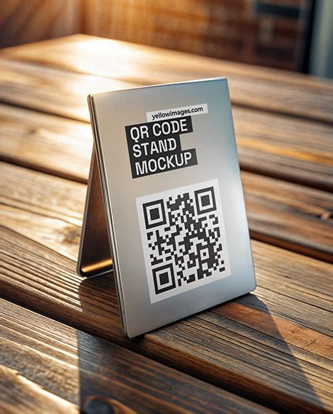 Metallized Qr Code Scan Stand On A Wooden Table Mockup Wooden Tables