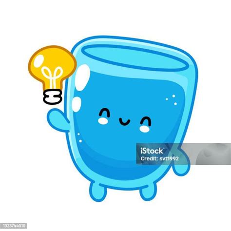 아이디어 전구와 귀여운 재미 행복 한 물 유리 캐릭터 벡터 플랫 라인 만화 가와이 캐릭터 일러스트 아이콘 흰색 배경에 격리 물