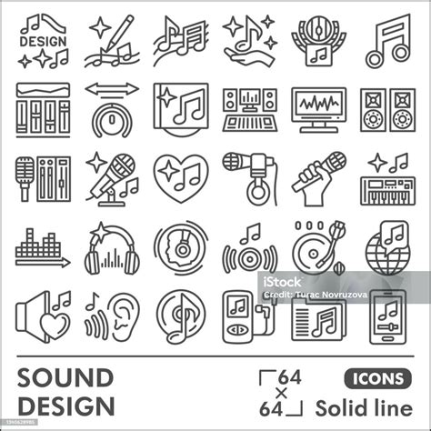 사운드 데싱 라인 아이콘 세트 음악 및 음악 장비 기호 컬렉션 또는 스케치 오디오 파일 웹 및 응용 프로그램에 대한 솔리드 라인 선형 스타일 기호 흰색 배경에서 격리된 벡터