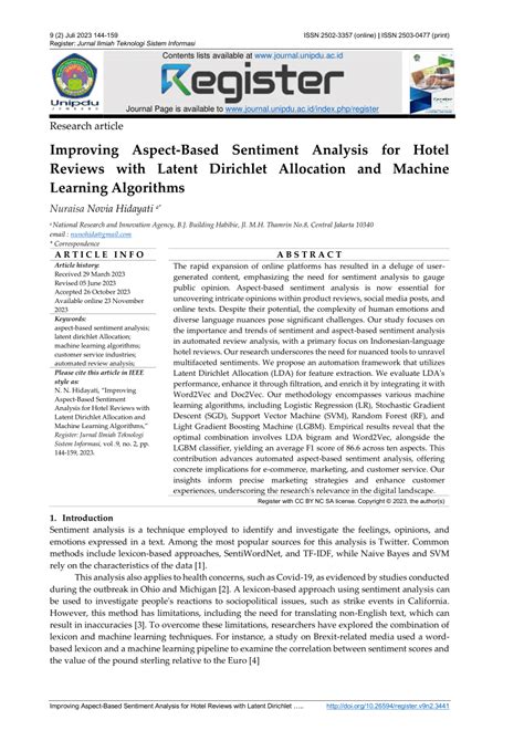 Pdf Improving Aspect Based Sentiment Analysis For Hotel Reviews With Latent Dirichlet