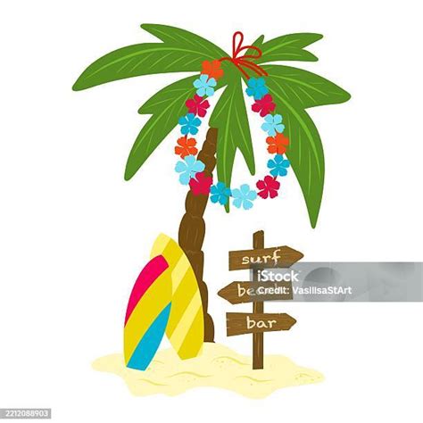 서핑 보드와 나무 방향 표지판 그림이 있는 야자수 벡터 여름 보드 휴가 여행 프레임 이국적인 야자수 꽃 화환 벽지 열대 바다 복사 공간 나무 광고판 서핑 보드 0명에 대한