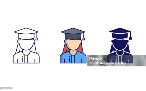 흰색 배경에 격리된 소녀 선과 글리프 아이콘 졸업 여자 벡터 일러스트 레이 션 교육에 대한 스톡 벡터 아트 및 기타 이미지