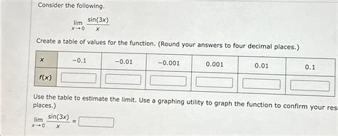 solved consider the following limx→0sin 3x xcreate a table