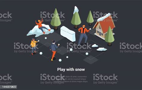 겨울 휴가와 가족 휴가의 개념 함께 겨울을 즐기는 행복한 십대들 아이들은 놀고 눈덩이를 던져 스노우 캐슬을 만들고 있습니다 아이소메트릭 3d 만화 벡터 일러스트 레이 션