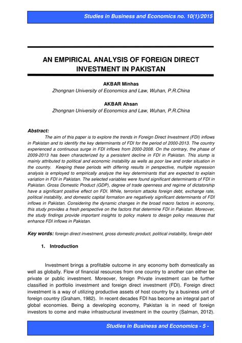 (PDF) An Empirical Analysis of Foreign Direct Investment in Pakistan
