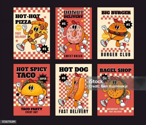 만화 패스트 푸드 포스터입니다 마스코트 음식 캐릭터가 있는 복고풍 카드 카페에 대한 인용문과 브로셔 디자인 펑키한 피자 그루비한 도넛 버거 벡터 세트가 있는 배너 피자에
