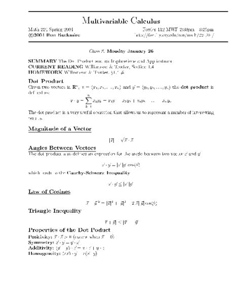 Multivariable Calculus Dot Product Worksheet For Higher Ed Lesson Planet