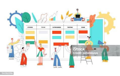 Vektor Datar Agile Scrum Kanban Pertemuan Metodologi Ilustrasi Stok