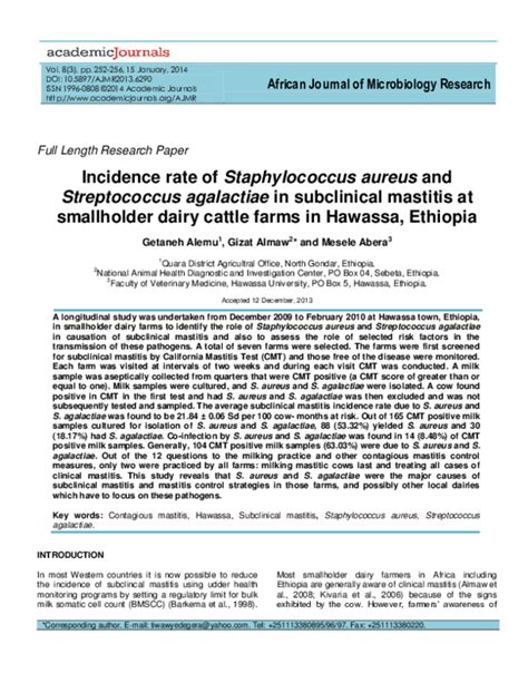 Pdf Incidence Rate Of Staphylococcus Aureus And Streptococcus Agalactiae In Subclinical