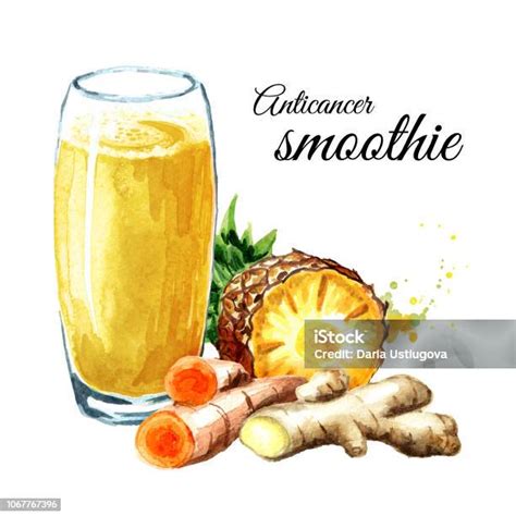 심 황 생강 파인애플과의 항 암 제 스무디 흰색 배경에 고립 수채화 손으로 그린 그림 수채화에 대한 스톡 벡터 아트 및 기타 이미지 수채화 칵테일 0명 Istock
