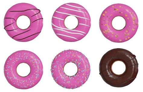 비행 3d 세트는 흰색 배경에 다채로운 스프링클이 있는 사실적인 도넛을 렌더링합니다 페이스트리 및 제과 또는 베이커리 케이터링의