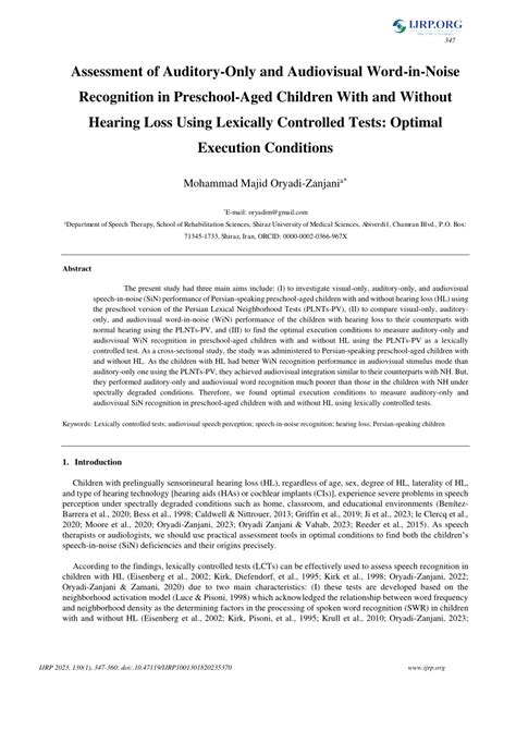 Pdf Assessment Of Auditory Only And Audiovisual Word In Noise