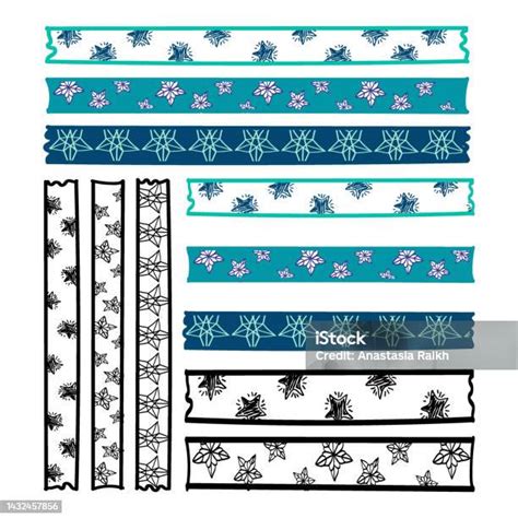 다른 손으로 그린 낙서 패턴이있는 스카치 테이프 스트립의 큰 세트 다른 패턴을 가진 흰색 배경에 별 스카치 테이프 스티커 벡터