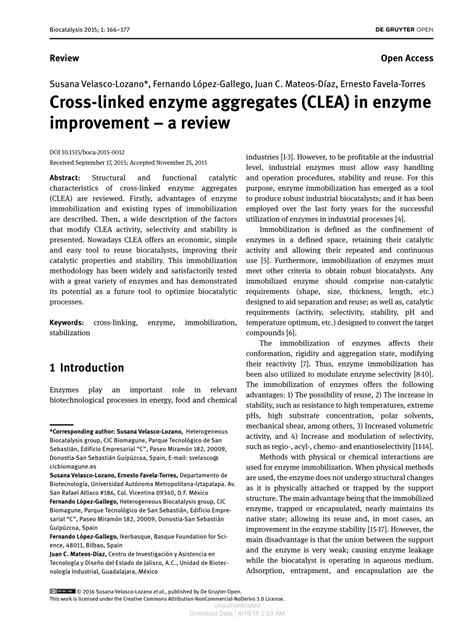Pdf Cross Linked Enzyme Aggregates Clea In Enzyme Improvement A