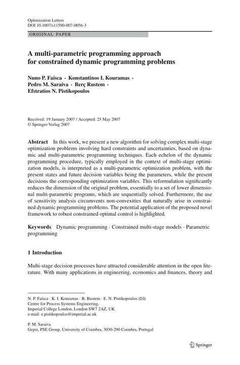 Pdf A Multi Parametric Programming Approach For Constrained Dynamic