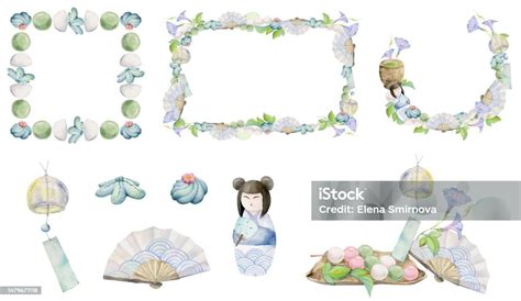 수채화 손으로 그린 일본 전통 과자 여름 와가시 붕어빵 차 프레임이있는 작곡 세트 흰색 배경에 격리 초대장 레스토랑 메뉴 인사말 카드 인쇄 섬유 0명에 대한 스톡 벡터 아트