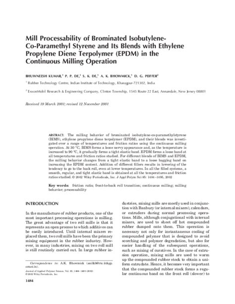 Pdf Mill Processability Of Brominated Isobutylene Co Paramethylstyrene And Its Blends With Epdm